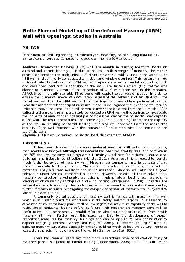 Pdf Finite Element Modelling Of Unreinforced Masonry Urm Wall With