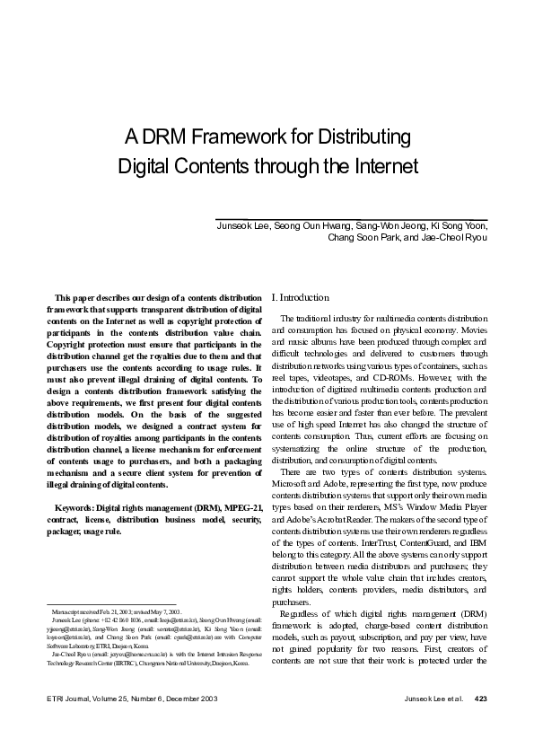 (PDF) A DRM Framework for Distributing Digital Contents through the ...