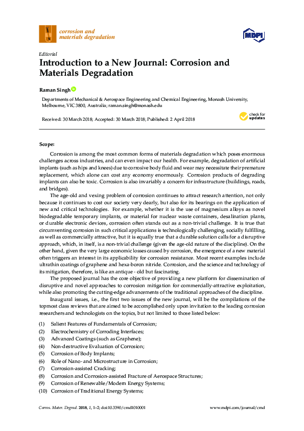 (PDF) Introduction to a New Journal: Corrosion and Materials Degradation