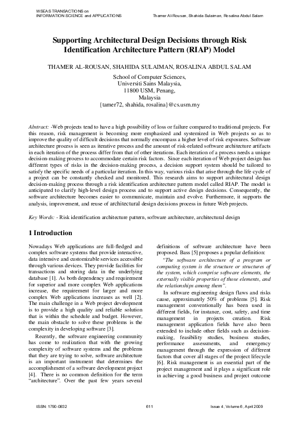 (PDF) Supporting architectural design decisions through risk identification architecture pattern ...