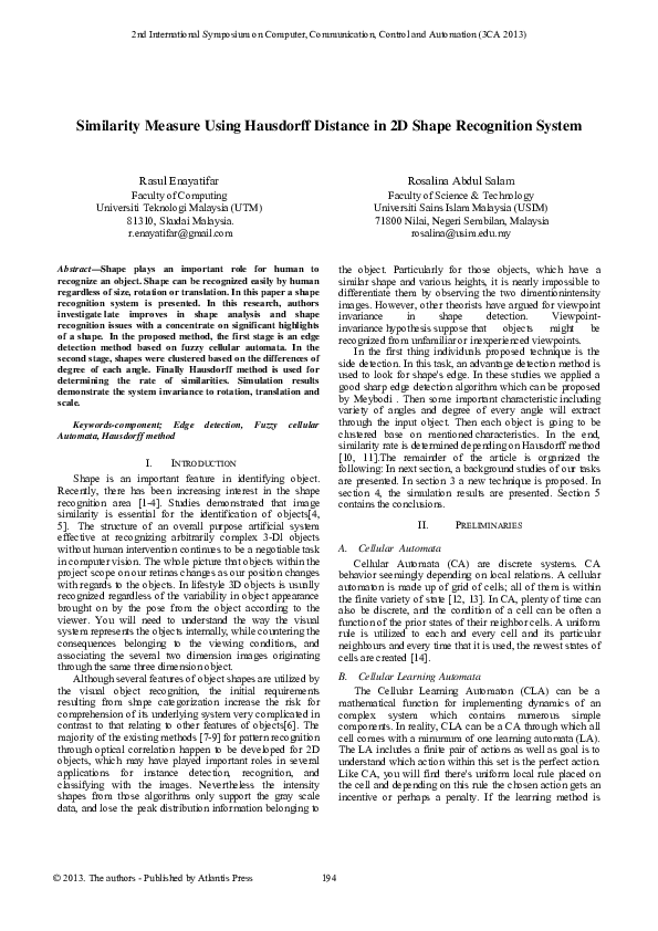 Pdf Similarity Measure Using Hausdorff Distance In 2d Shape Recognition System
