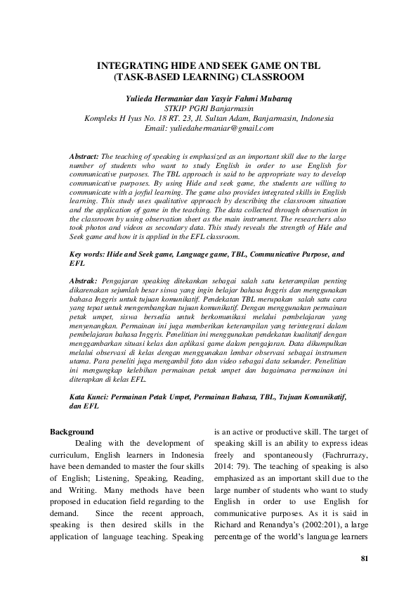 (PDF) Integrating Hide and Seek Game on TBL (Task-Based Learning) Classroom