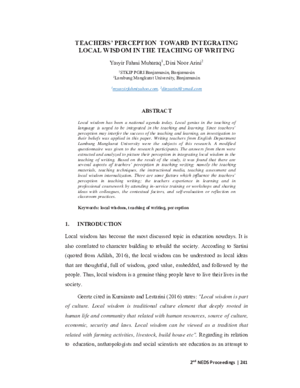 (PDF) Teachers’ Perception Toward Integrating Local Wisdom in the Teaching of Writing