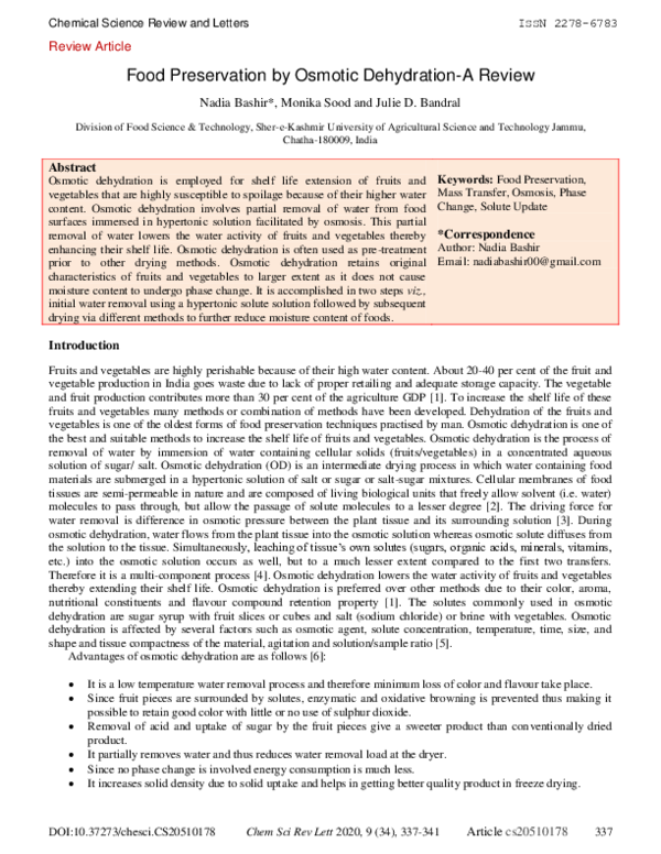 (PDF) Food Preservation by Osmotic Dehydration-A Review