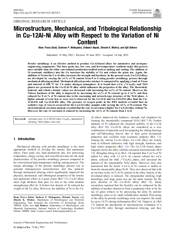 (PDF) Microstructure, Mechanical, and Tribological Relationship in Cu-12Al-Ni Alloy with Respect ...