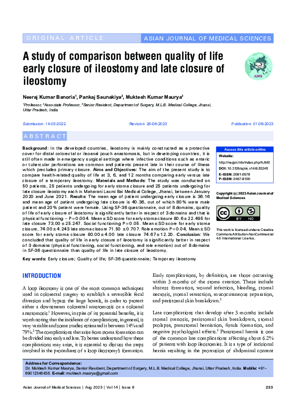 (PDF) A study of comparison between quality of life early closure of ...