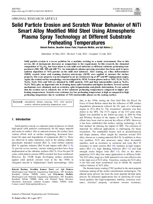 (PDF) Solid Particle Erosion and Scratch Wear Behavior of NiTi Smart Alloy Modified Mild Steel ...