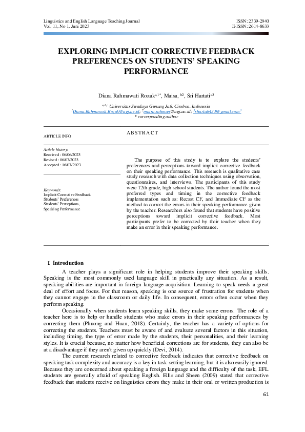 (PDF) Exploring Implicit Corrective Feedback Preferences on Students’ Speaking Performance
