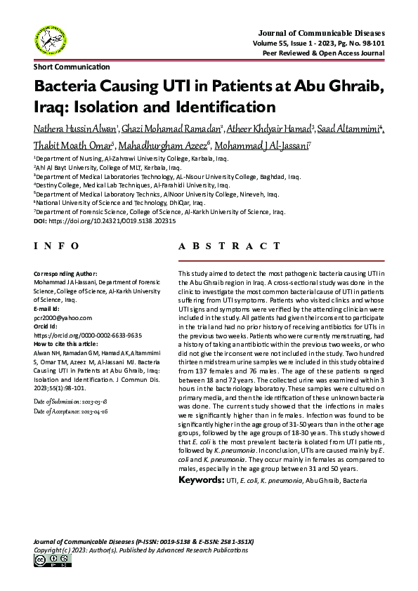(PDF) Bacteria Causing UTI in Patients at Abu Ghraib, Iraq: Isolation ...