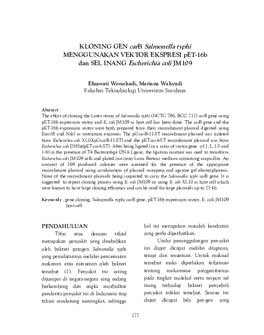 (PDF) KLONING GEN carB Salmonella typhi MENGGUNAKAN VEKTOR EKSPRESI pET-16b dan SEL INANG ...