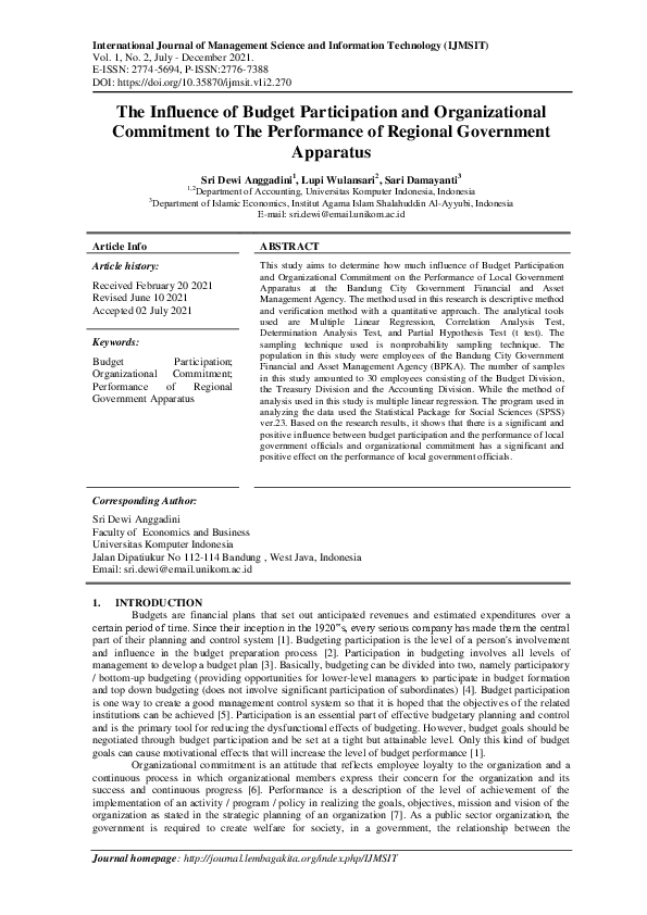 (PDF) The Influence of Budget Participation and Organizational Commitment to the Performance of ...