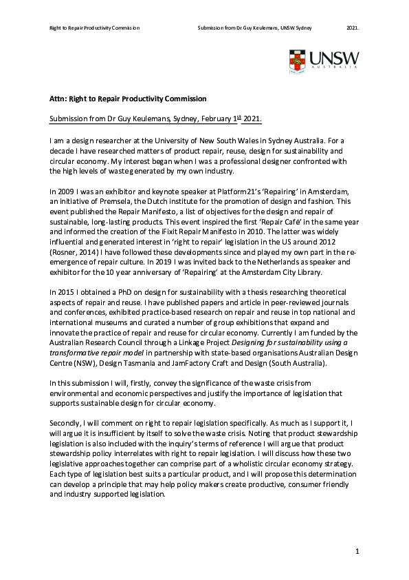 (PDF) Submission to the Right to Repair Productivity Commission 2021