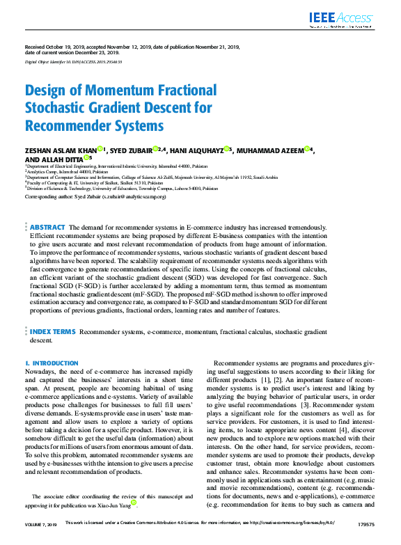 (PDF) Design of Momentum Fractional Stochastic Gradient Descent for Recommender Systems