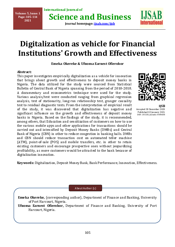 (PDF) Digitalization as vehicle for Financial Institutions' Growth and Effectiveness
