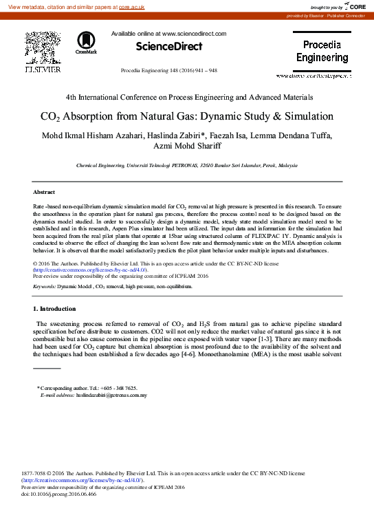 (PDF) CO2 Absorption from Natural Gas: Dynamic Study & Simulation