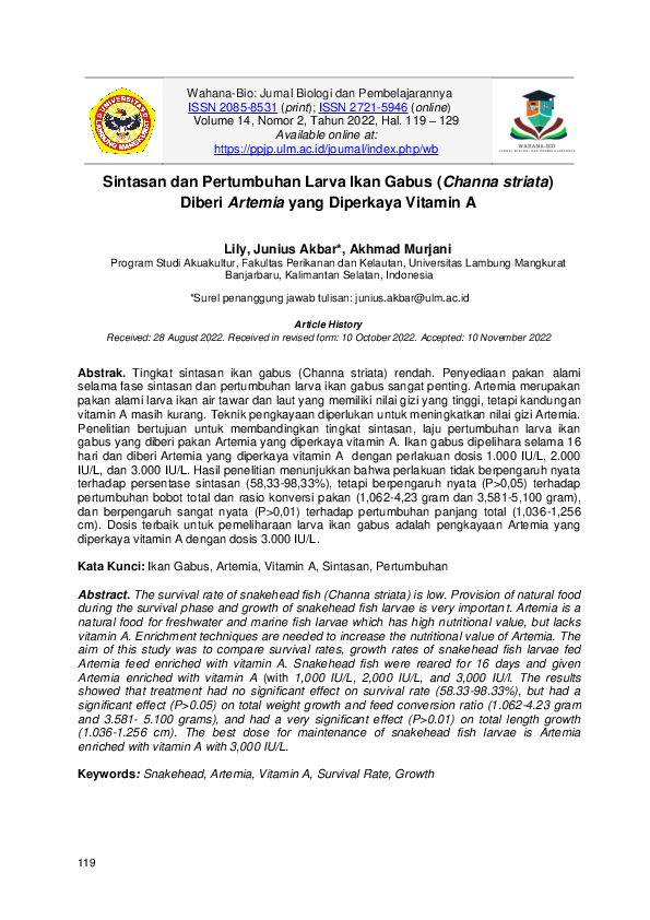 (PDF) Sintasan dan Pertumbuhan Larva Ikan Gabus (Channa striata) Diberi ...