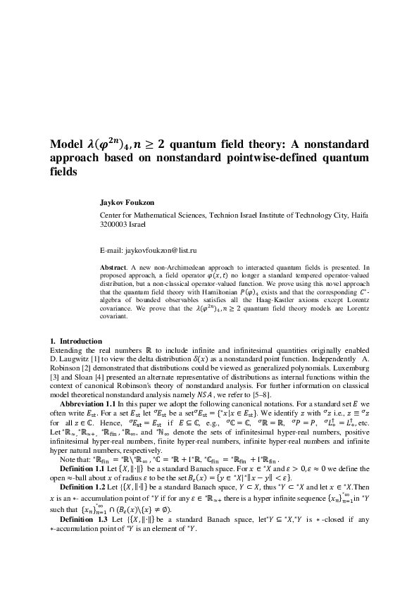 (PDF) quantum field theory: A nonstandard approach based on nonstandard pointwise-defined ...