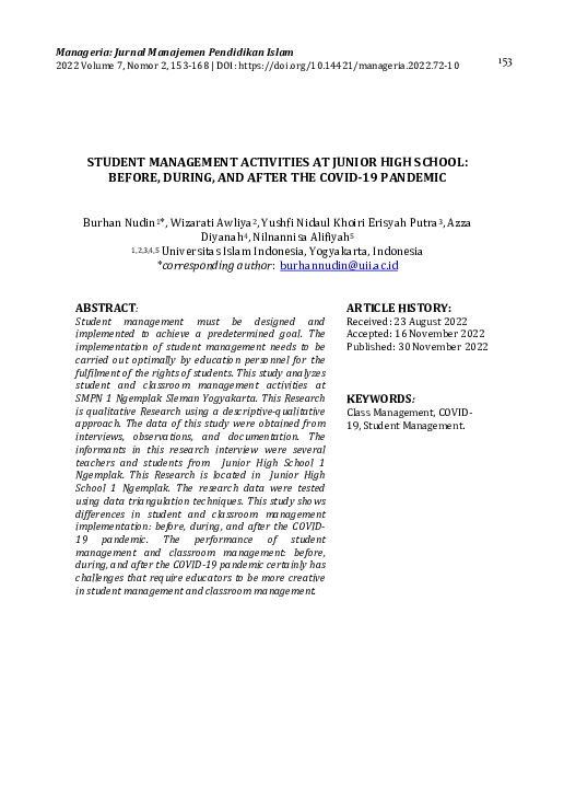 (PDF) Student Management Activities at Junior High School: Before, During, and After the COVID ...