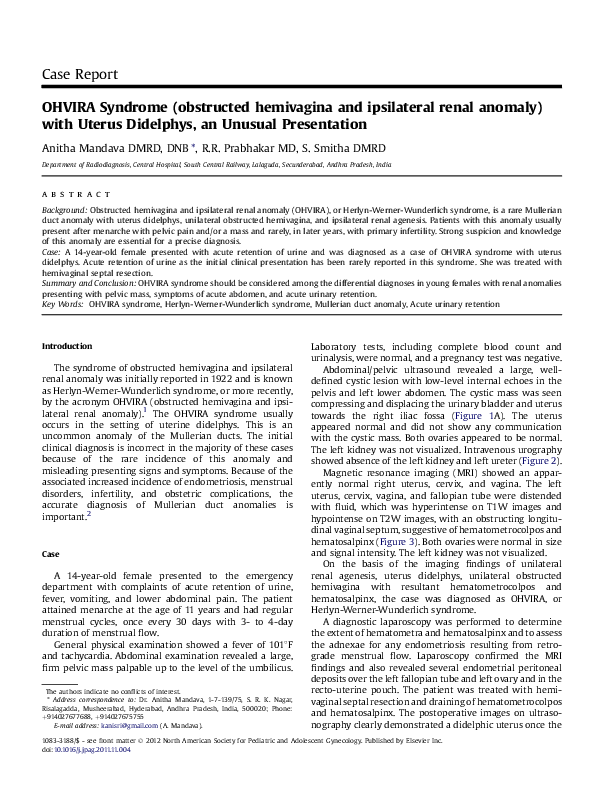 (PDF) OHVIRA Syndrome (obstructed hemivagina and ipsilateral renal ...