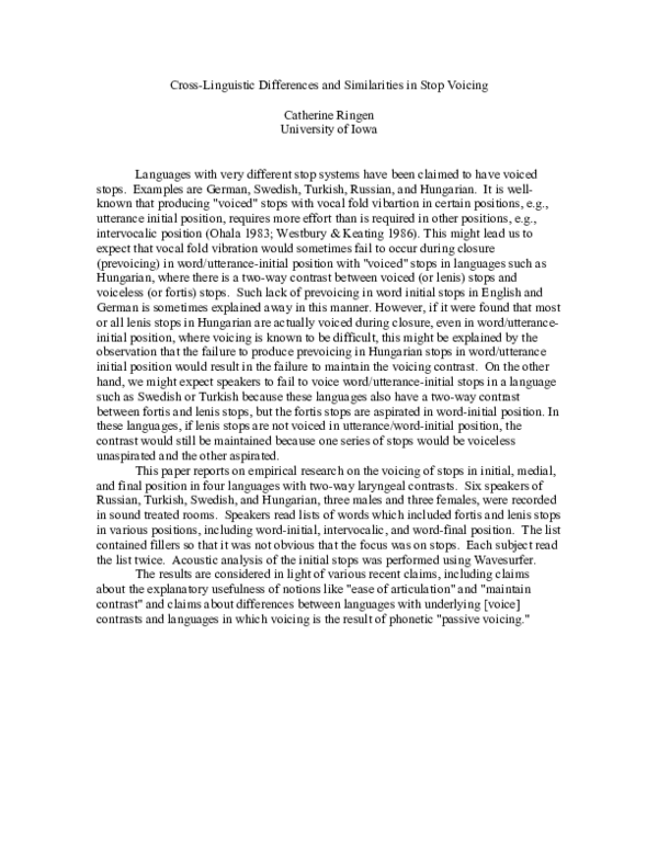 (PDF) Cross-linguistic differences and similarities in stop voicing
