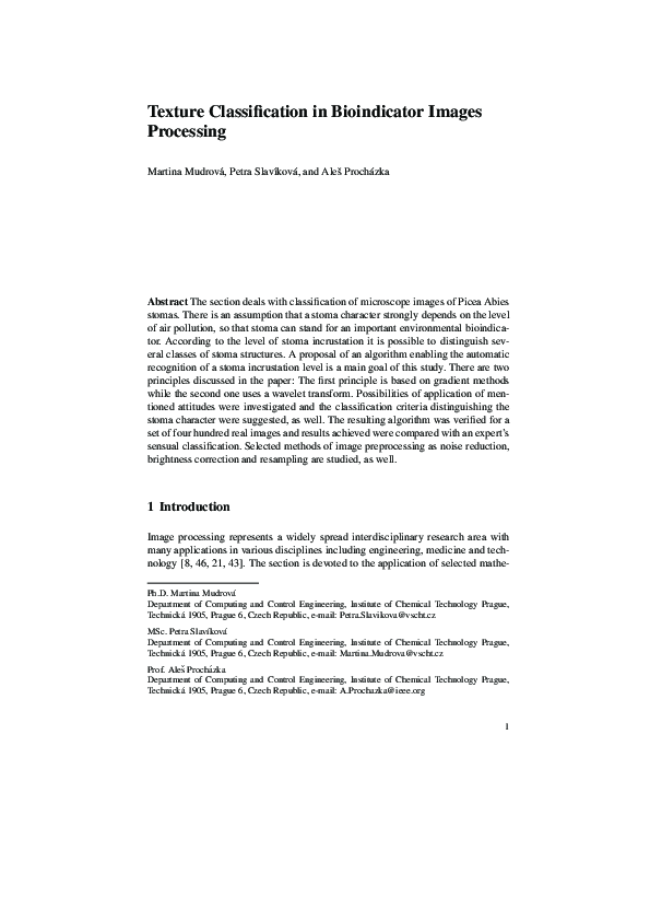 (PDF) Texture Classification in Bioindicator Images Processing | Ales Prochazka - Academia.edu