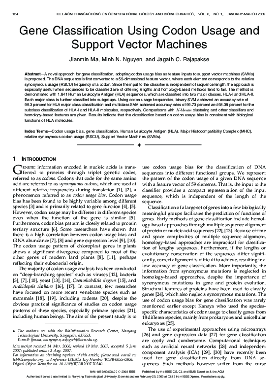 (PDF) Gene Classification Using Codon Usage and Support Vector Machines