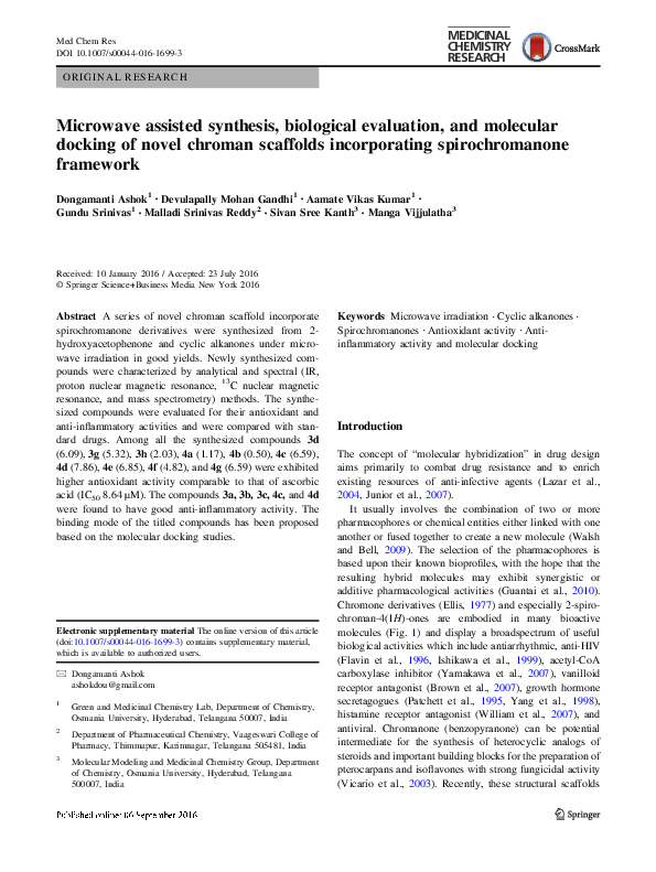 (PDF) Microwave assisted synthesis, biological evaluation, and molecular docking of novel ...
