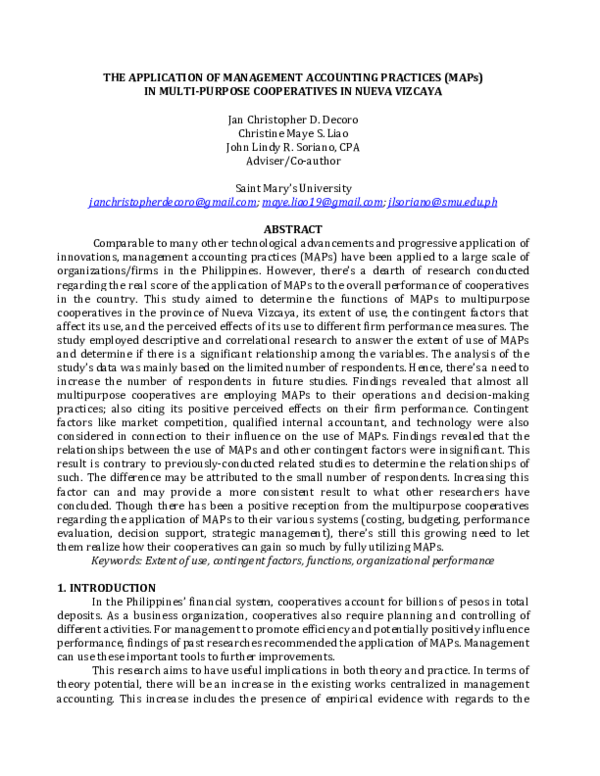 (PDF) THE APPLICATION OF MANAGEMENT ACCOUNTING PRACTICES (MAPs) IN MULTI-PURPOSE COOPERATIVES IN ...