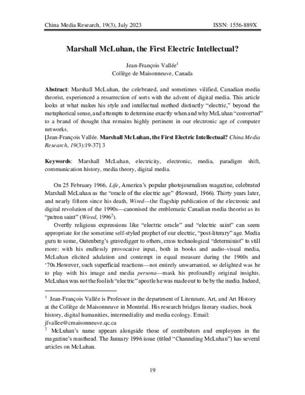 (PDF) Marshall McLuhan, the First Electric Intellectual?