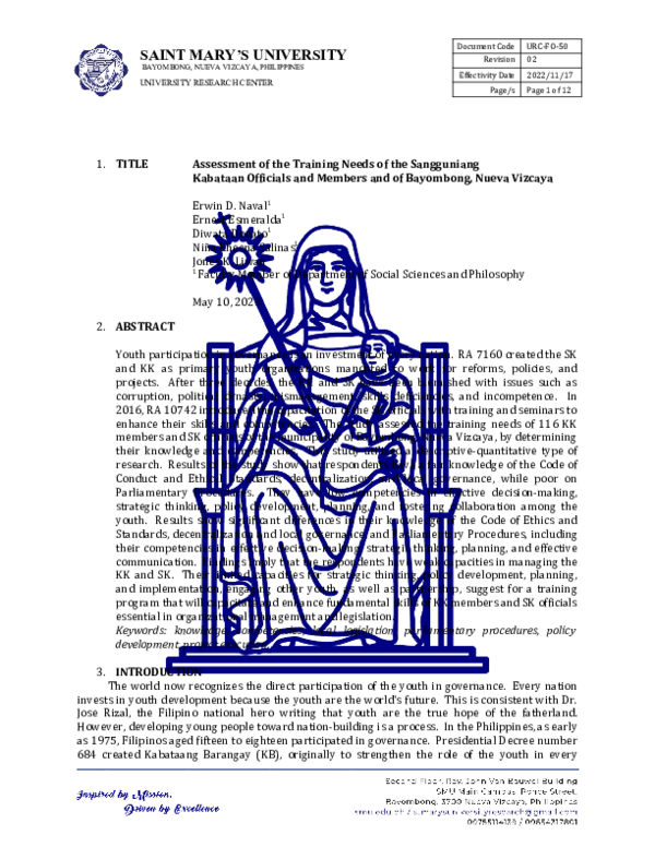 (DOC) Assessment of the Training Needs of the Sangguniang Kabataan ...