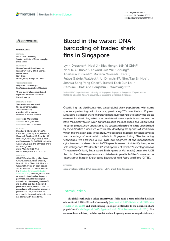 (PDF) Blood in the water: DNA barcoding of traded shark fins in Singapore | caroline kibat ...