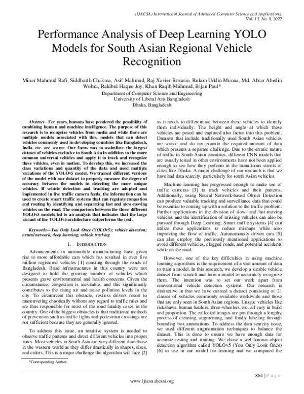 Pdf Performance Analysis Of Deep Learning Yolo Models For South Asian Regional Vehicle Recognition