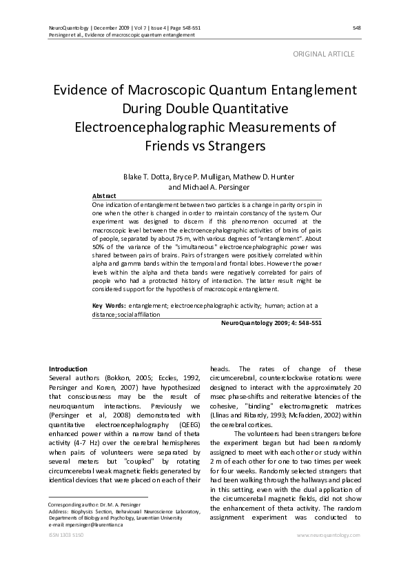 (PDF) Evidence of Macroscopic Quantum Entanglement During Double ...