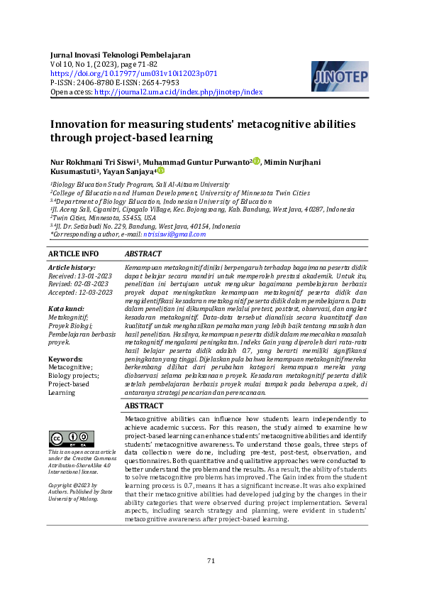 (PDF) Innovation for measuring students' metacognitive abilities through project-based learning