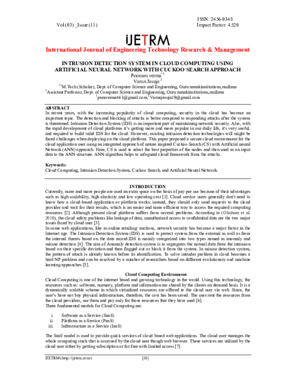 Pdf Intrusion Detection System In Cloud Computing Challenges And