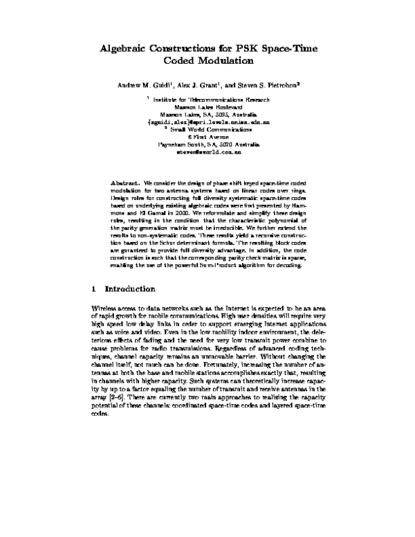 (PDF) Algebraic Constructions for PSK Space-Time Coded Modulation