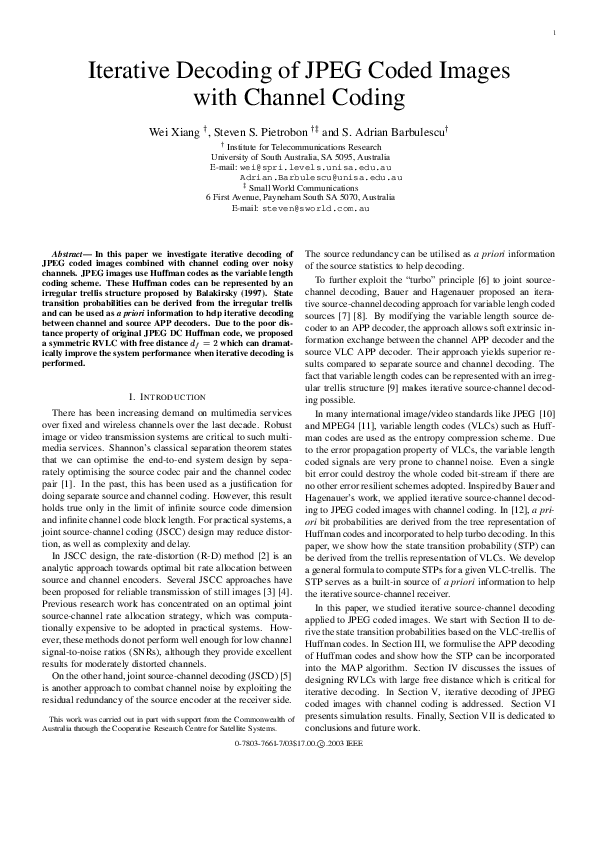 (PDF) Iterative decoding of JPEG coded images with channel coding | Steven S Pietrobon ...