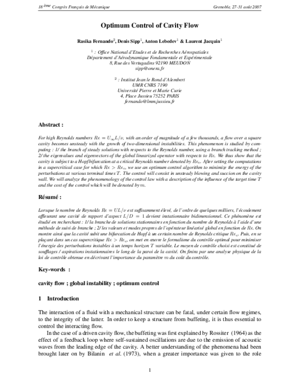 (PDF) Optimum control of cavity flow