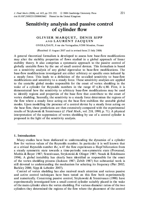 (PDF) Sensitivity analysis and passive control of cylinder flow