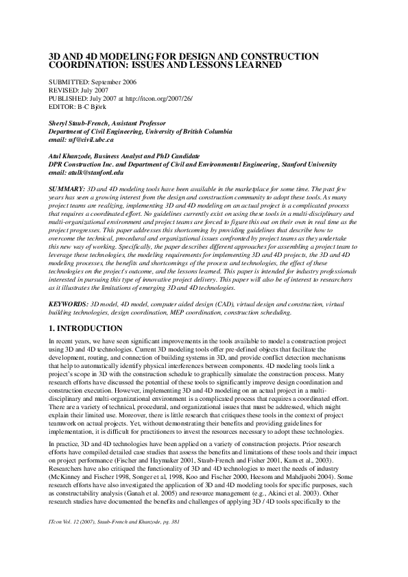 (PDF) 3D and 4D modeling for design and construction coordination ...