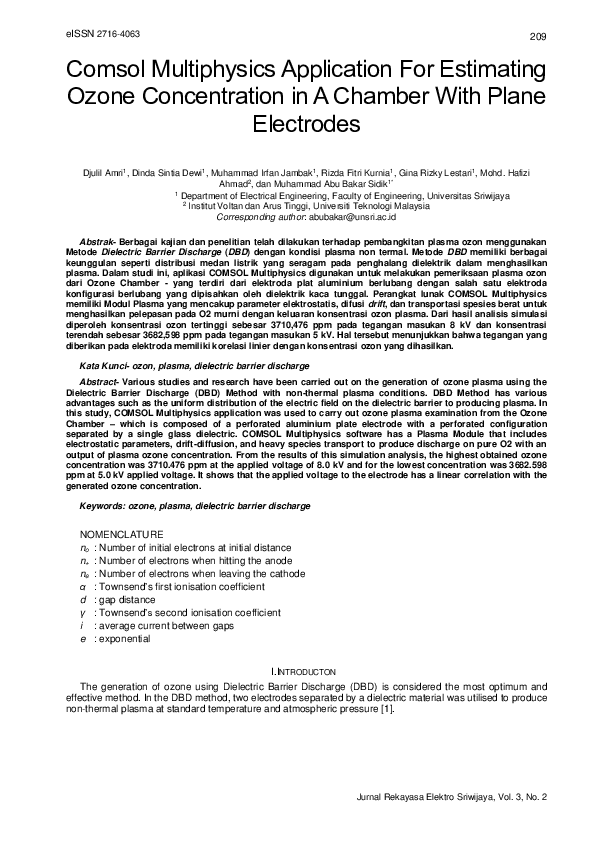 (PDF) Comsol Multiphysics Application For Estimating Ozone Concentration In A Chamber With Plane ...