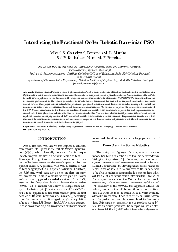 (PDF) Introducing the fractional order robotic Darwinian PSO | Nuno Ferreira - Academia.edu