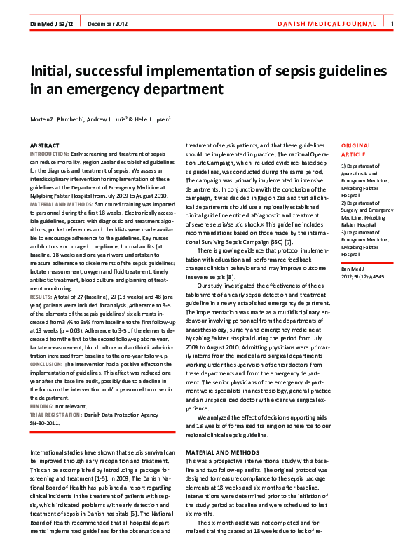 Pdf Initial Successful Implementation Of Sepsis Guidelines In An Emergency Department