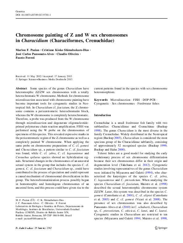 (PDF) Chromosome painting of Z and W sex chromosomes in Characidium ...