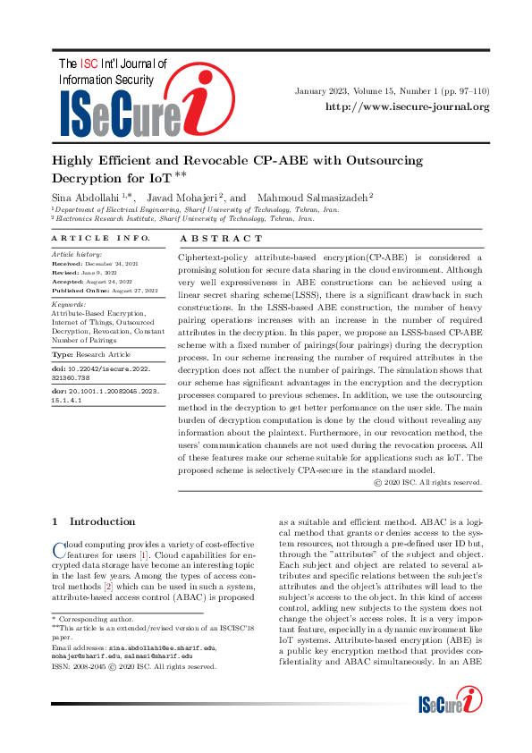 (PDF) Highly Efficient and Revocable CP-ABE with Outsourcing Decryption for IoT