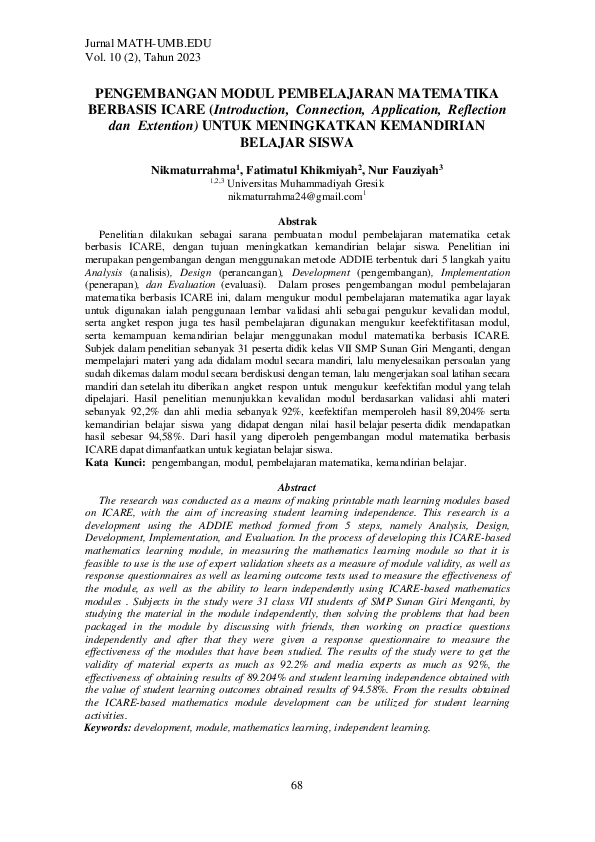 (PDF) PENGEMBANGAN MODUL PEMBELAJARAN MATEMATIKA BERBASIS ICARE (Introduction, Connection ...