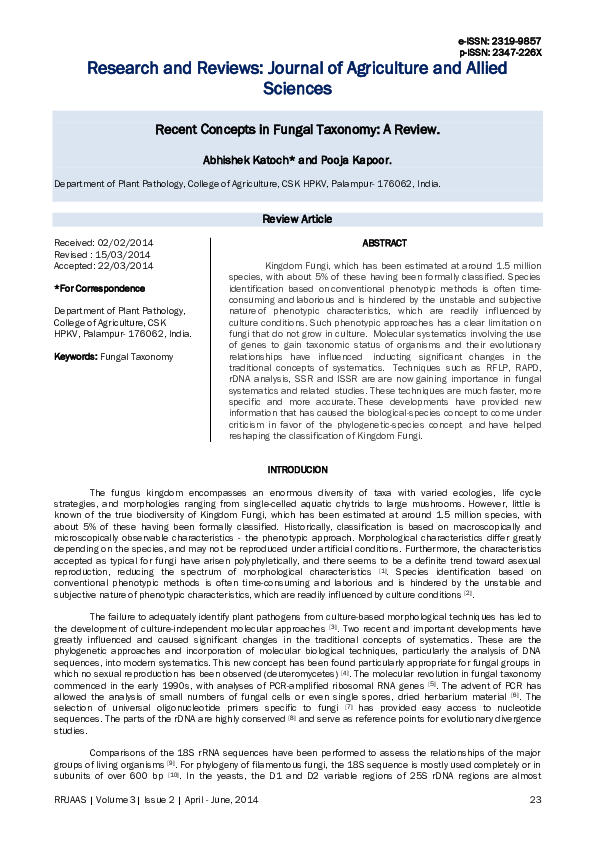 (PDF) Recent Concepts in Fungal Taxonomy: A Review