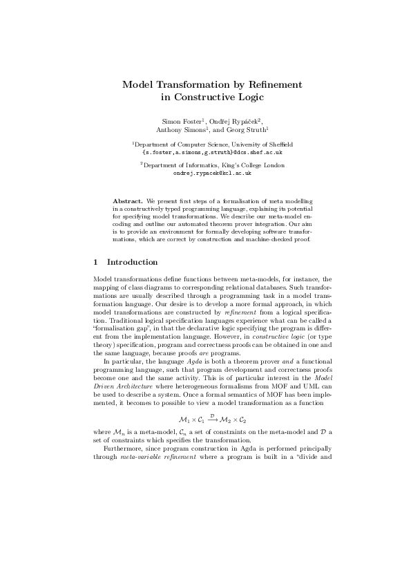 (PDF) Model Transformation by Refinement in Constructive Logic