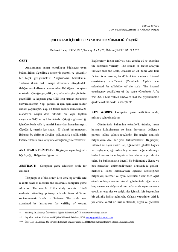 (PDF) Computer Game Addiction Scale for Children | Ozlem Cakir ...