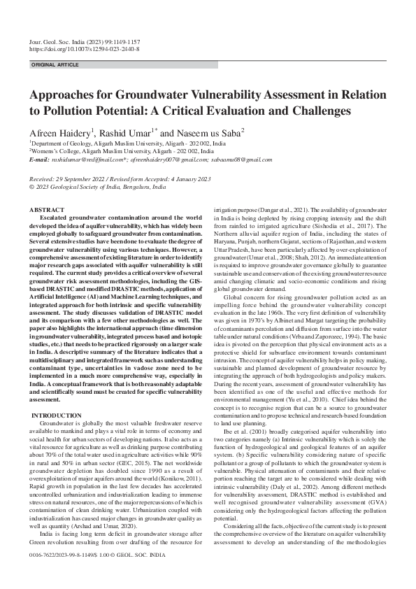 Pdf Approaches For Groundwater Vulnerability Assessment In Relation To Pollution Potential A